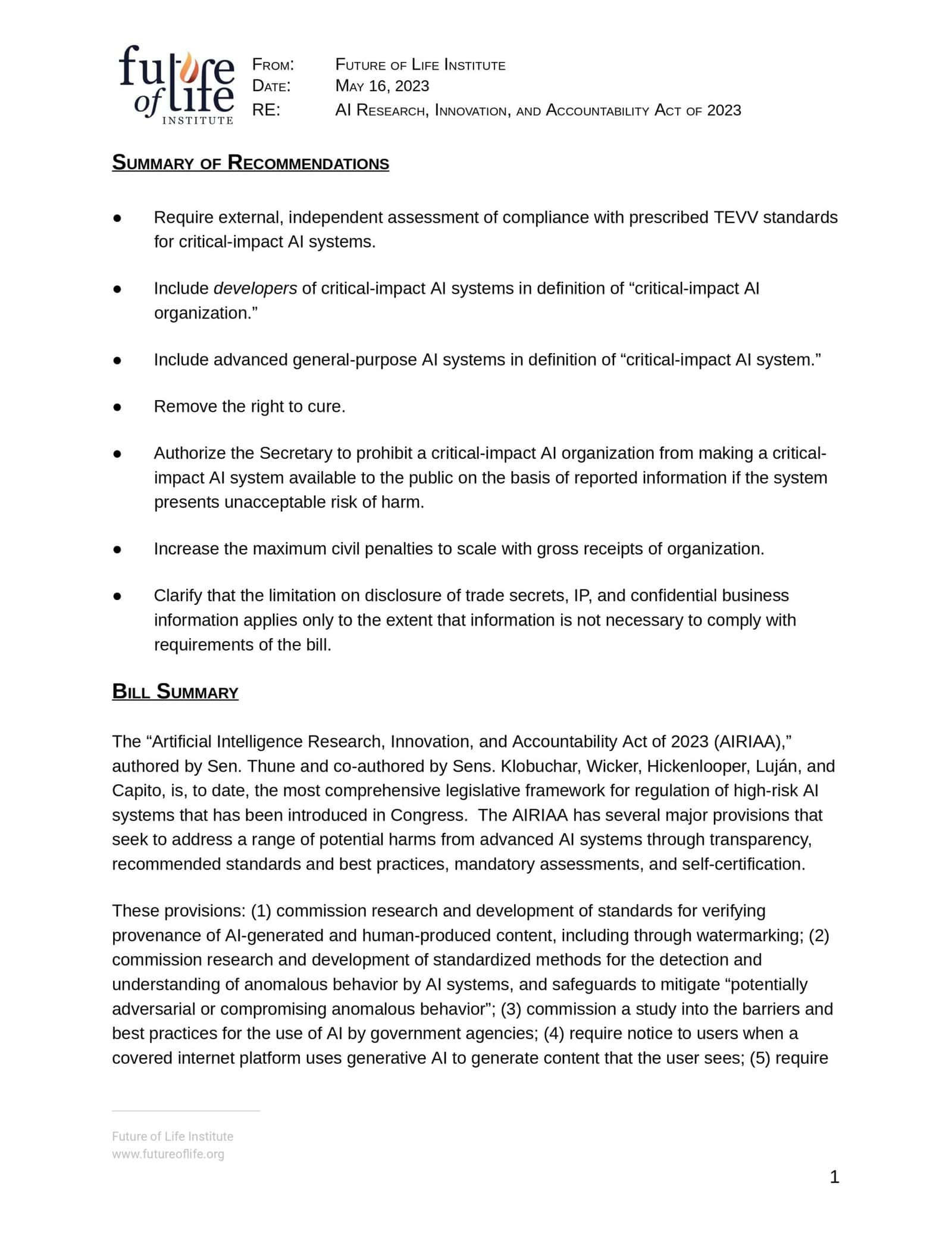 FLI Recommendations for the AI Research, Innovation, and Accountability ...